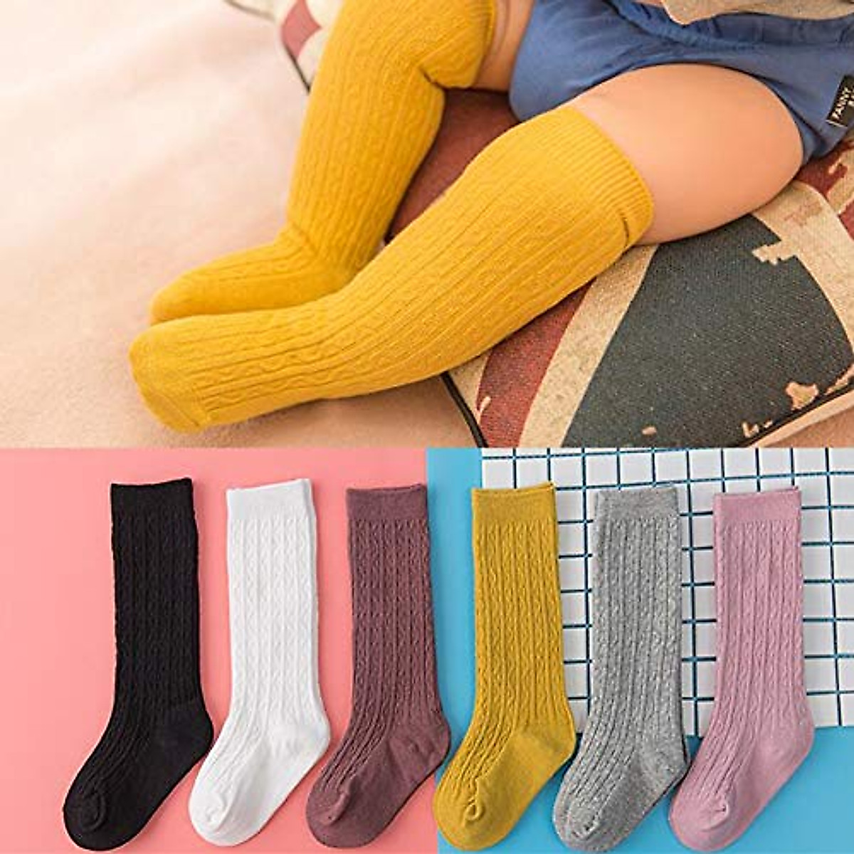 Nuziku Toddler Knee High Socks - 6 Pairs Little Girls Cable Knit Cotton Stockings (Assorted 6-pack, 1-2T)