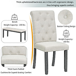 HomSof 6-Piece Retro Rectangular Dining Table Set, Table with Unique Legs and 4 Upholstered Chairs & 1 Bench for Dining Room and Kitchen, Gray Wash