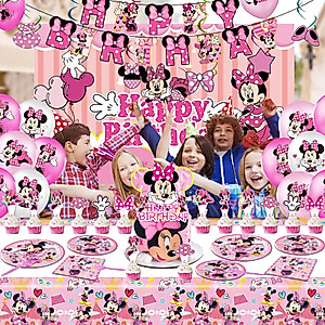 Minnie Birthday Party Supplies, Minnie Birthday Party Balloon Decorations Theme, Include Happy Birthday Banner, Hanging Swirl, Backdrop, Cake & Cupcake Topper, Tablecloth, Birthday Party For Kids