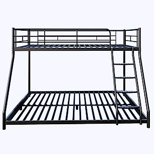 Majnesvon Heavy Duty Metal Bunk Bed Twin Over Full Size, Heavy Duty Floor Bunk Beds Frame with Enhanced Upper-Level Guardrail (Black)