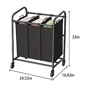 Wisdom Star 3 Bag Laundry Sorter Cart, Laundry Hamper Sorter with Heavy Duty Rolling Wheels and Removable Bags for Clothes Storage,Laundry Organizer Laundry Basket Laundry Clothes Hamper, Black