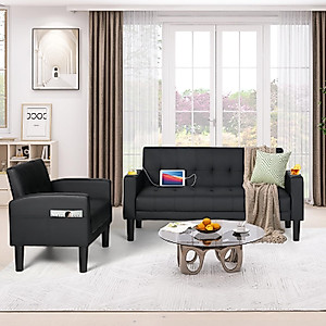 AILEEKISS 2 Piece Living Room Sofa Set Loveseat Sofas Sets with 2 USB, Cup Holders, Side Pocket, Modern Leather 2 Pcs Sectional Couches Set for Apartment, Office, Bedroom (Black, 2-Seat+1-Seat)