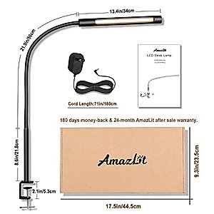 AmazLit Desk Lamp, Eye-Caring Desk Light, Gooseneck Lamp with Clamp, Adjustable Color Temperature & Brightness, Clip on Lamp with Memory & Timer Function, Clamp Lamp for Home Office, 12W, Black