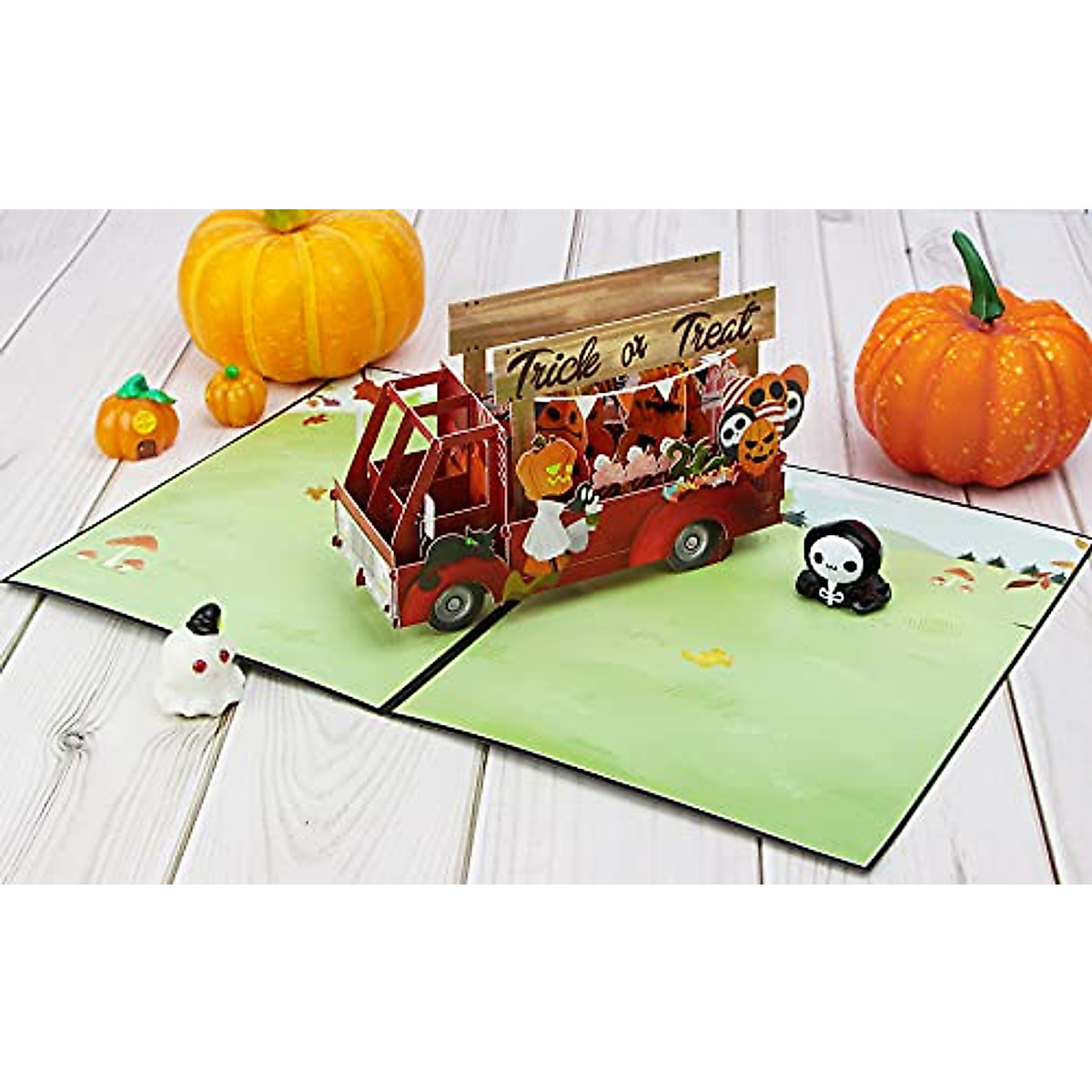 Ribbli Halloween Pop Up Card - 3D Greeting Card, Trick or Treat Card, Pumpkin Truck Card, Happy Halloween Card for Kids Grandson Granddaughter Boyfriend Son Daughter, with Envelope