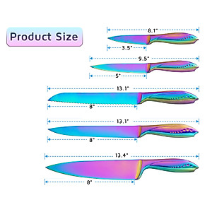WELLSTAR Kitchen Knife Set 5 Piece, Razor Sharp German High Carbon Stainless Steel Blade, Chef Bread Carving Utility Paring Knives for Culinary Chopping Cutting Slicing and Peeling - Rainbow