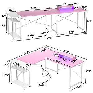 Cyclysio L Shaped Desk with Power Outlets and USB Ports, Reversible L Shaped Gaming Computer Desk with LED Light, 83.5'' Large 2 Person Desk with Monitor Stand, L-Shaped Corner Desk, Pink and White