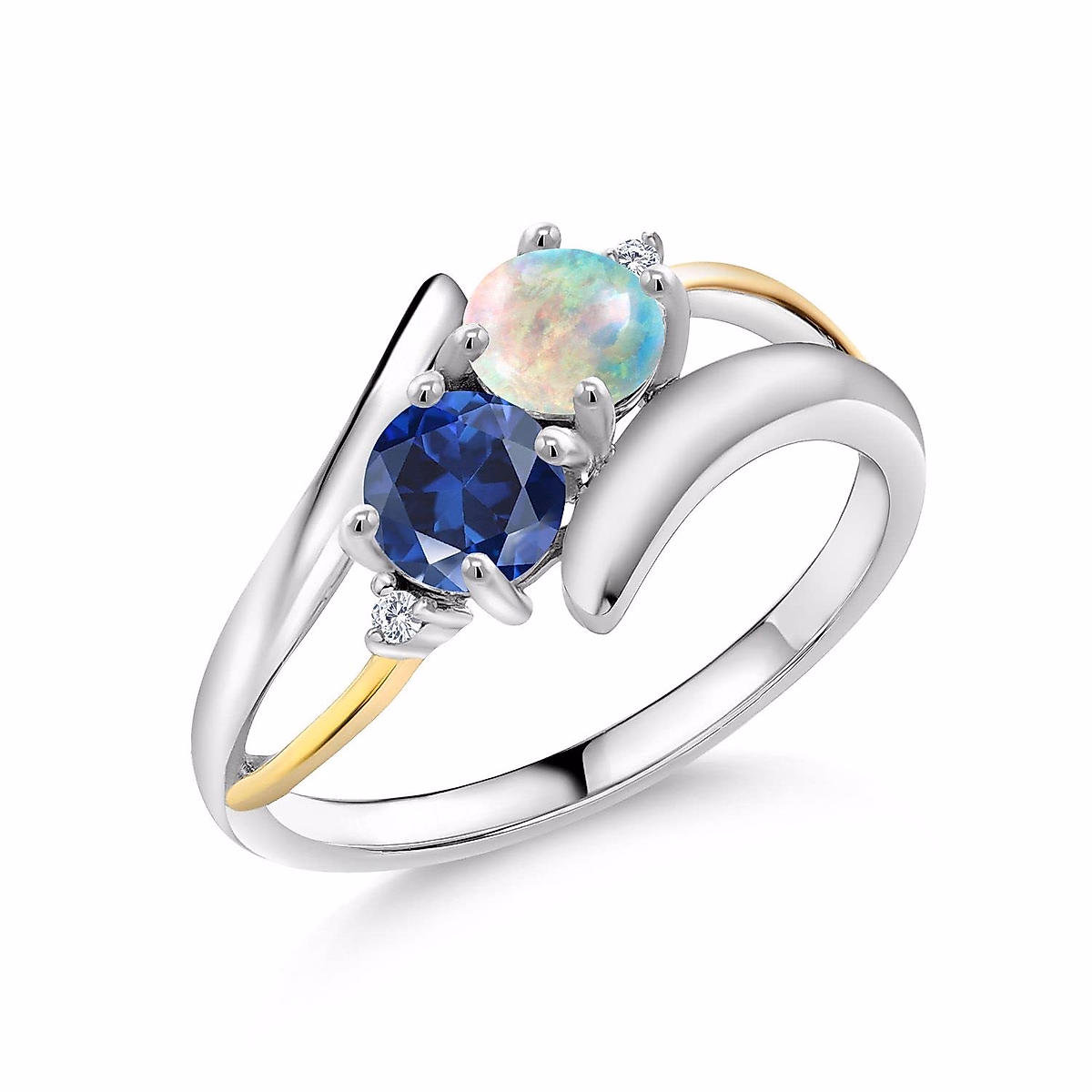 Gem Stone King 925 Silver and 10K Yellow Gold Round Cabochon White Simulated Opal Blue Created Sapphire and White Lab Grown Diamond 2 Stone Crossover Ring (1.12 Cttw, Available In Size 5, 6, 7, 8, 9)