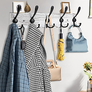 Kuhome 2pcs Coat Rack Wall Mount Wooden Hat Rack for Wall Hooks Pine Real Wood Plank 16.9" Old White Coat Hanger with 5 Black Triple Hooks for Hanging Coat Hat Jacket