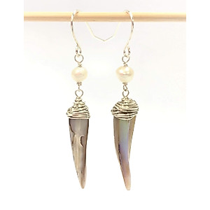Natural Baroque Pearl and Shell Spike Dangle Earrings, Cultured Pearl, Natural Shell, Sterling Silver Ear Wire, Pearl White, Handmade -2~2 1/4 Inches Long with Ear Wire