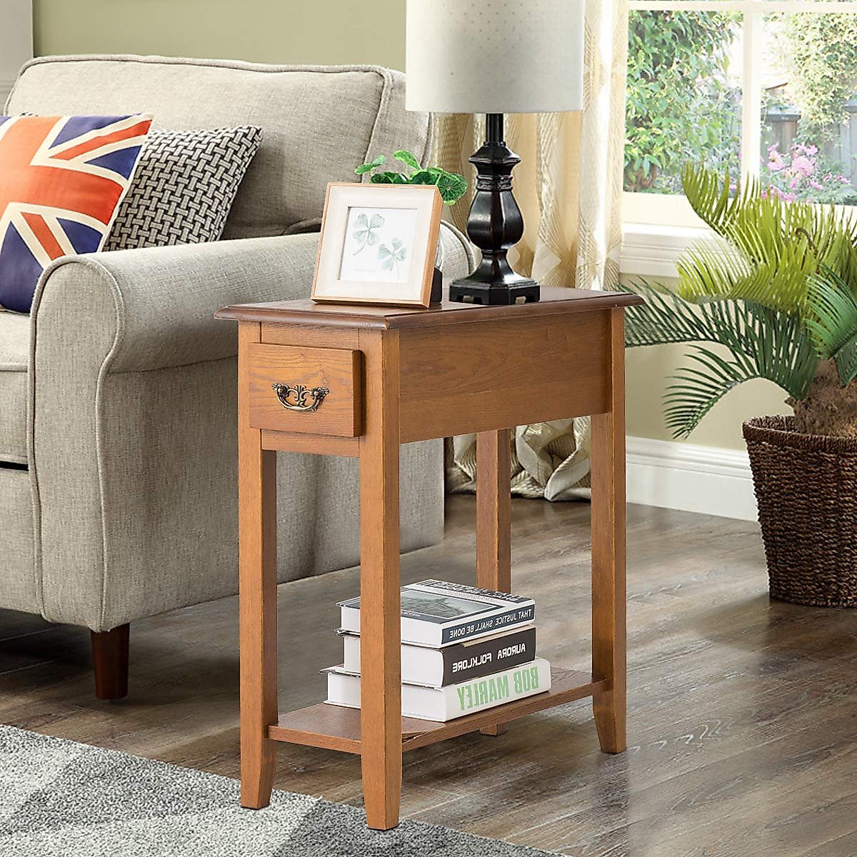 Tangkula Narrow End Table, Slim Side Table with Drawer and Open Shelf, Small End Tables for Small Spaces, Narrow Nightstand Bedside Table for Living Room Bedroom, 9.8 x 23.6 x 23.6 inches (1, Walnut)