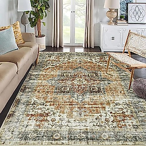 Zacoo Boho Area Rug 5x7 Washable Rug Vintage Soft Distressed Print Carpet Oriental Non-Slip Stain Resistant Low-Pile Throw Thin Bedroom Rugs for Living Room Dining Room Brown/Grey