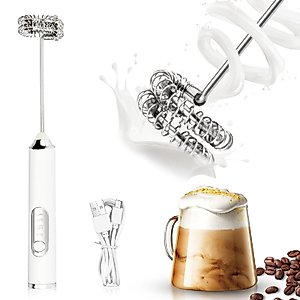 Electric Milk Frother Handheld White USB Rechargeable Drink Mixer, Detachable Milk Frother 3 Speeds Adjustable Foam Maker for Coffee, Lattes, Matcha, Hot Chocolate