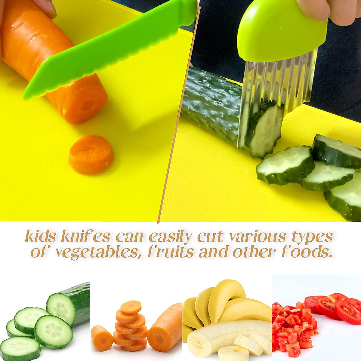 8 Pieces Wooden Kids Kitchen Knifes for Real Cooking Include Plastic Toddler Knife, Wood Kids Safe Knives, Potato Slicers, Serrated Edges Cooking Knife, Y Peeler, Cutting Board (Crocodile)