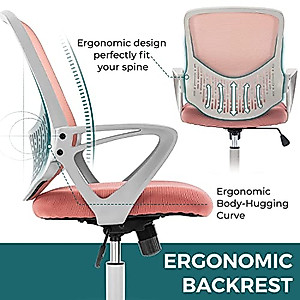 JHK Ergonomic Office Mesh Computer Desk Lumbar Support Armrest, Executive Height Adjustable Mid Back Swivel Task Chair for Adults Women, Pink, Fixed