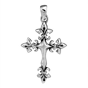 AeraVida Avant Garde Fleur-de-Lis Cross .925 Sterling Silver Pendant