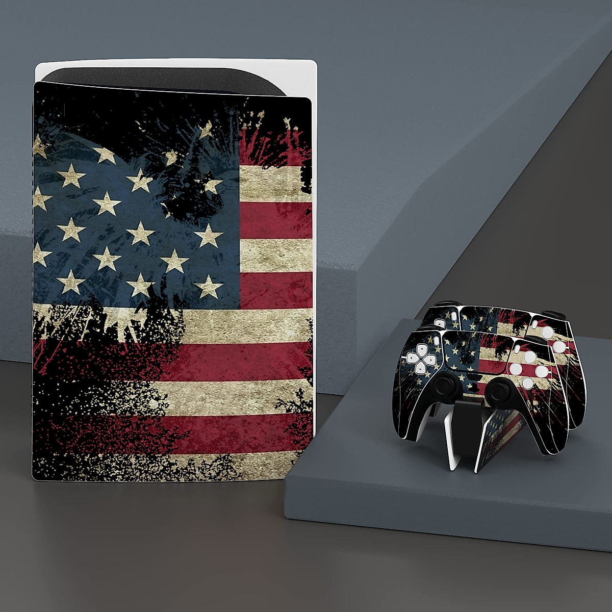 PlayVital US Flag The Stars & Stripes Full Set Skin Decal for ps5 Console Disc Edition, Sticker Vinyl Decal for ps5 Controller & Charging Station & Headset & Media Remote
