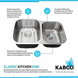 KABCO 32 Inch 18 Gauge Undermount Stainless Steel Classic Kitchen Sink, Rust Resistant, Sound and Heatproof, Double Unequal Bowl Swirl Finish Sink with Sink Strainers, Garbage Baskets and Sink Grids