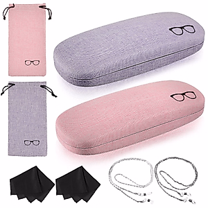 Frienda 2 Set Hard Shell Fabric Eyeglasses Case Kit Women Men Glasses Protective Case Storage Bag Glasses Chain Cleaning Cloth (Pink, Purple)