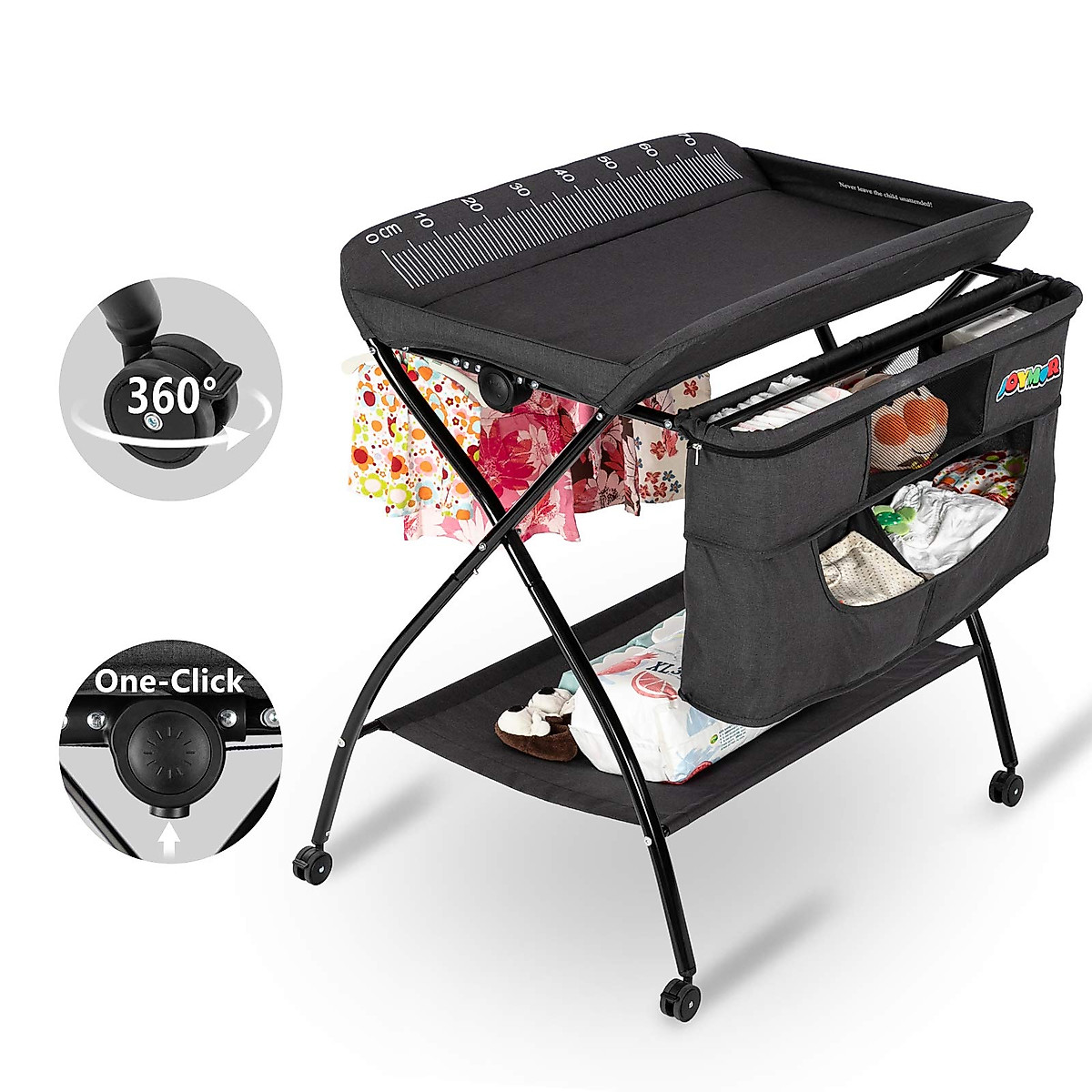 JOYMOR 2-in-1 Folding Baby Changing Table, Moblie Diaper Table for Infant, Portable Diaper Changing Station with Wheels, Large Storage Basket ＆ Shelf Portable Nursery Organizer