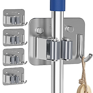 XCIXCI 4 Pack Stainless Steel Mop and Broom Gripper with Hook, Screw Drilling or Self Adhesive Mop and Broom Holder Wall Mount, Storage Rack for Closet Laundry Garage Garden Tool Organizer, Silver…