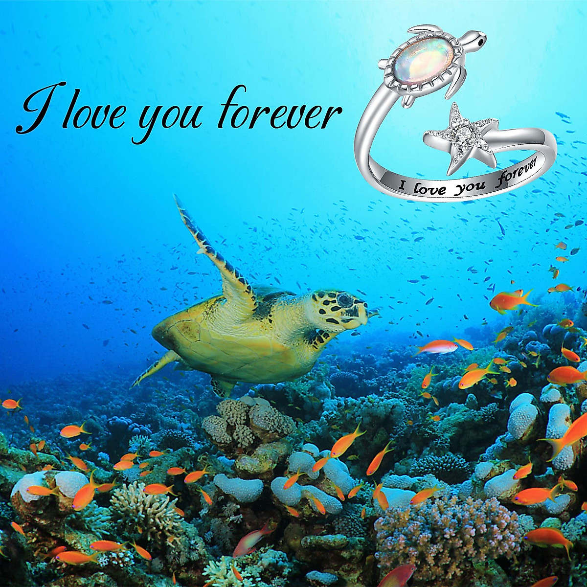 925-Sterling-Silver Opal Turtle Ring for Women - Adjustable Sea Turtle Starfish Ring Ocan Animal Ring Turtle Jewelry Christmas Birthday Gift for Daughter Wife