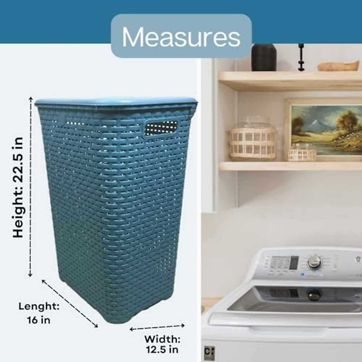 Elly décor Rattan 12 gallons Tall Plastic Laundry Hamper, Laundry Basket with Cutout Handles, Washing Bin, Dirty Clothes Storage, Bathroom, Bedroom, Closet, 48 lts blue