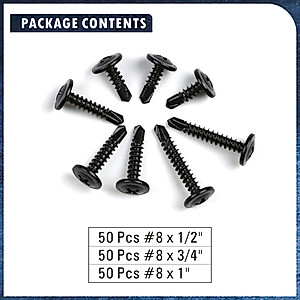 410 Stainless Steel #8 Self Drilling TEK Screw Assortment Kit, Hex Washer Head & Modified Truss Head, Self Tapping Sheet Metal Screws, Length 1/2" 3/4" 1" 150 PCS - Black Oxide