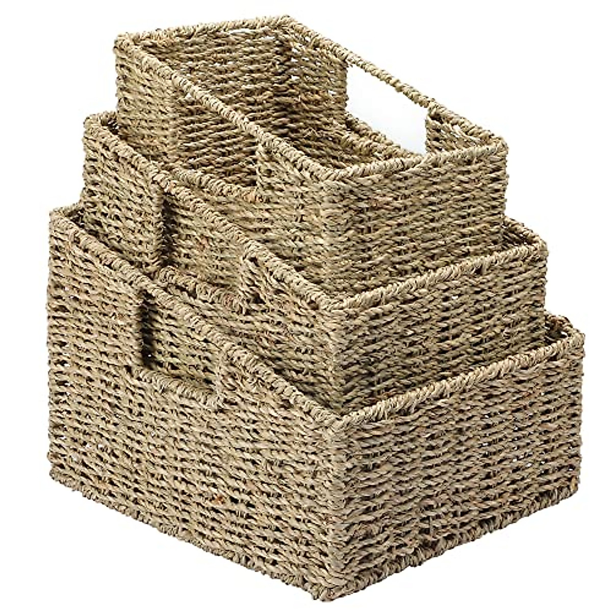 LOVSTORAGE Seagrass Wicker Storage Baskets, Hand-Woven Shelf Baskets with Handles, Nesting Wicker Basket Sets Woven Storage Baskets for Shelves, 3-Pack