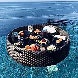 ENPAP Round Rattan Woven Serving Tray Rattan Floating Breakfast Tray with Handles,Swimming Pool Floats,for Pool Serving Drinks,Brunch,Food on The Water (Color : Black, Size : 80cm)