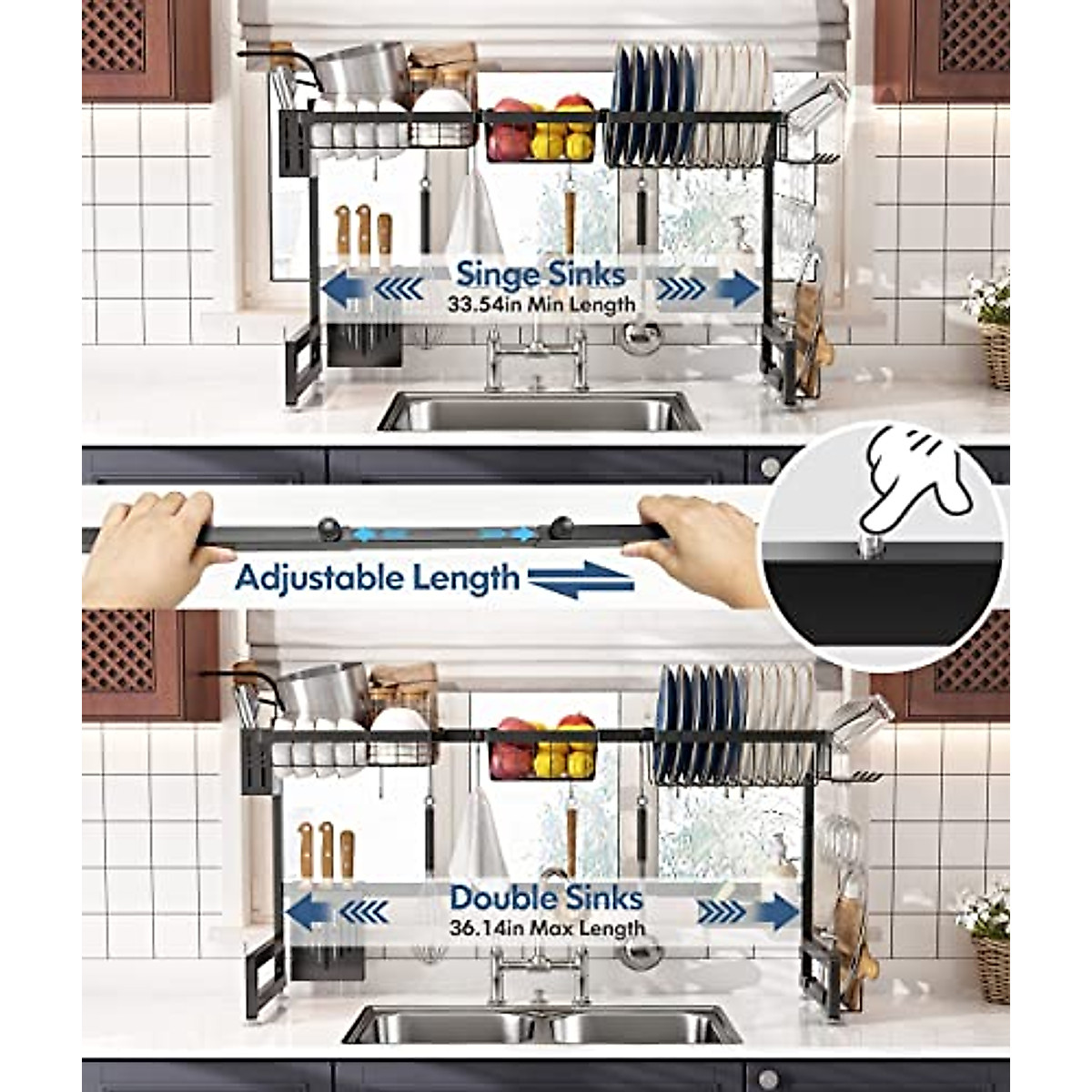 Over The Sink Dish Drying Rack, 2-Tier Adjustable Length(33.5-36.2in) Dish Rack Sink Shelf, Expandable Large Stainless Steel Dish Drainer for Kitchen Counter Organizer Space Saver with 8 Hooks