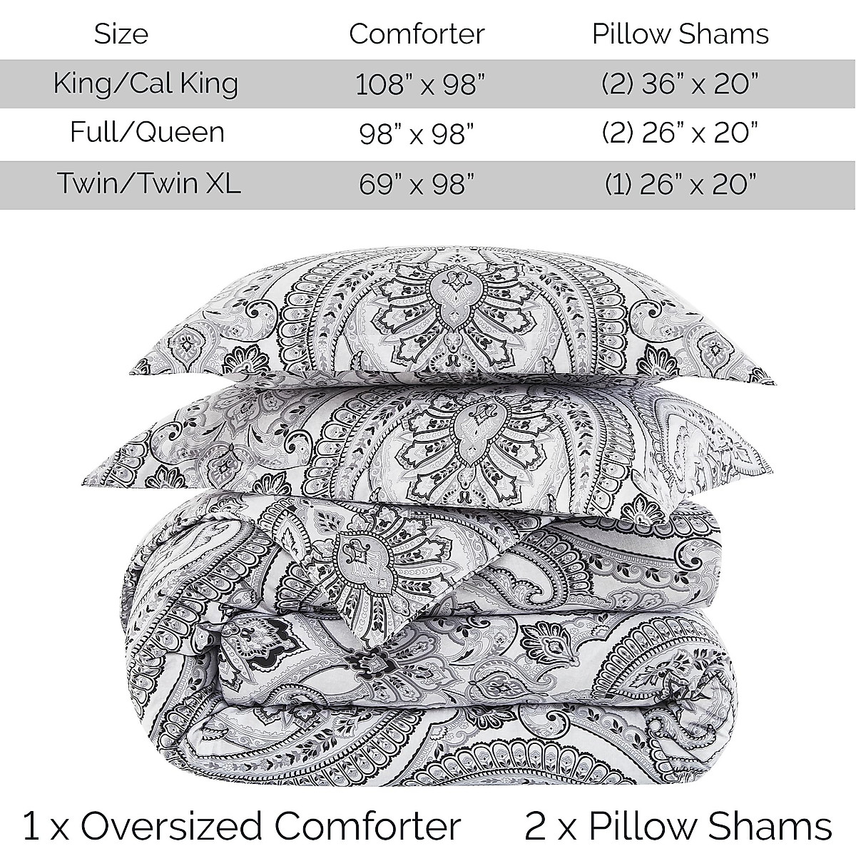 Southshore Fine Living, Inc. Twin Extra Long Comforter Set, Down Alternative Boho Bedding Set, Paisley Print Bedspread, Boho Comforter Twin/XL Size with Matching Pillow Sham, Pure Melody Black