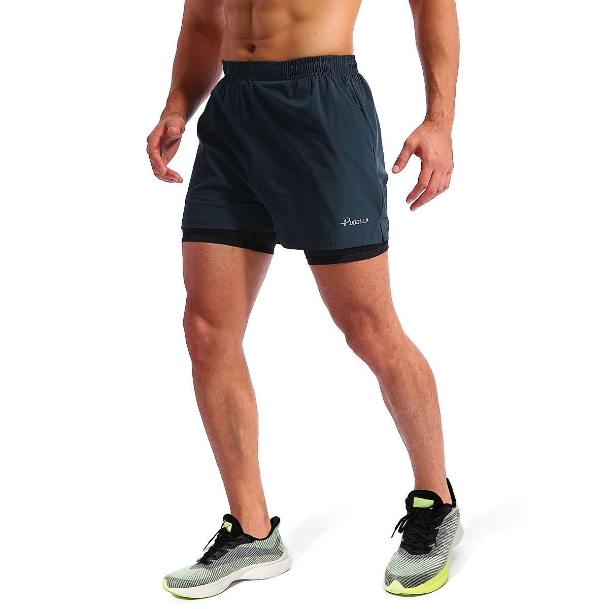 Pudolla Men’s 2 in 1 Running Shorts 5" Quick Dry Gym Athletic Workout Shorts for Men with Phone Pockets(Navy Blue Small)