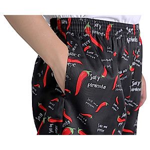 Men’s and Women's Baggy Printed Chef Pants Kitchen Uniforms with Elastic Waist Pants New Chili L