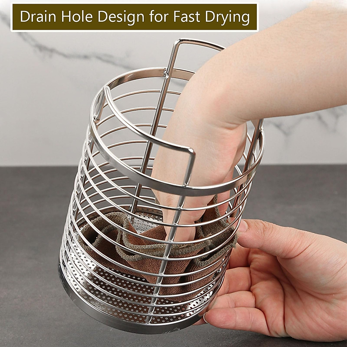 BESSKON Kitchen Utensil Holder for Countertop, 4 Compartment Stainless Steel Cooking Utensils Holder for Spatula, Spoon and Fork, Cutlery Silverware Caddy Party Picnic Flatware Holder 4.1" x 6.2"