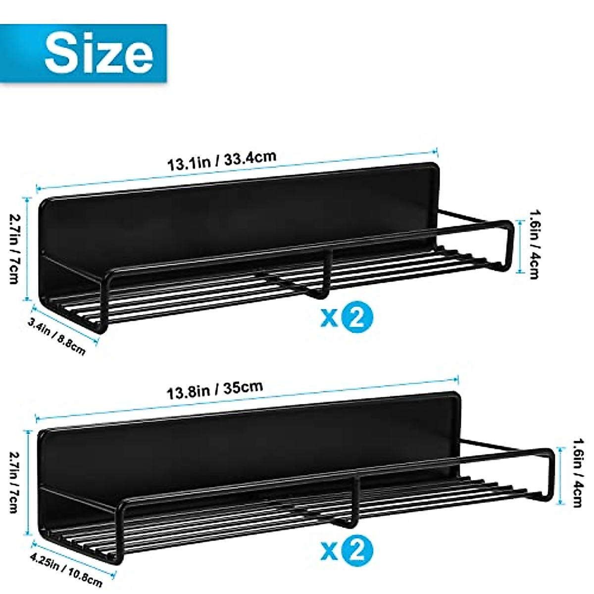 TAOUNOA 4pcs Magnetic Fridge Shelf - 2pcs Large Magnetic Spice Rack for Refrigerator and 2pcs Small Magnetic Refrigerator Organizer, Black