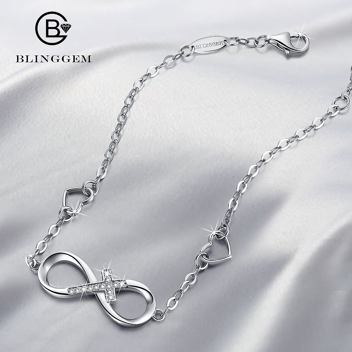 BlingGem Bracelet for Women Infinity Cross 925 Sterling Silver Cubic Zirconia Religious Cross Infinity Love Charm Bracelet Birthday Jewelry Gifts for Women Wife