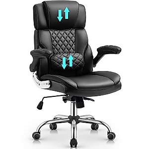 YAMASORO Ergonomic Executive Office Chair Comfortable Computer Desk Chairs with Lumbar Support&FILP-up Arms, High Back PU Leather Swivel Task Chair, Black