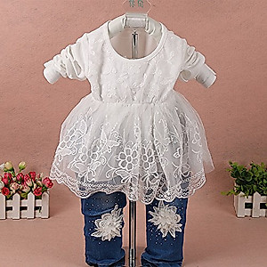 Yao 6M-4Y Infant 3Pcs Baby Girls Clothes Set Toddler Outfits Lace Dress Jacket and Jeans (3-4Y,Flower-White)