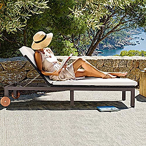 HAPPYGRILL Patio Chaise Lounge Chair Outdoor Rattan Lounger Recliner Chair Adjustable Position Folding Wicker Lounge Chair with Cushion & Wheels for Garden Patio Poolside