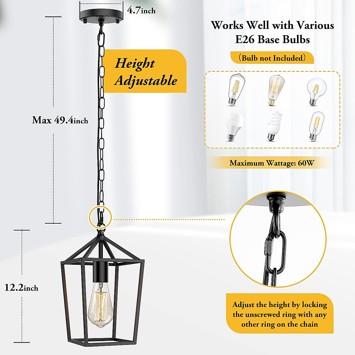 Farmhouse Black Pendant Light for Kitchen Island Industrial Hanging Lantern Fixture Modern Metal Cage Lamp Chandelier Lighting for Dinning Room Hallway, 49in Adjustable Chain for Flat & Sloped Ceiling