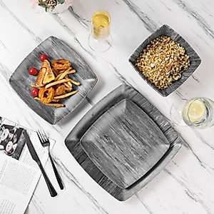 Melamine 12pcs Classic Square Dinnerware Set, Concise Plates and Bowls Set, Service for 4, Dishwasher Safe, Natural Wood Grain Design,black wood