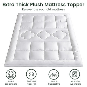 FLEXPEDIC King Mattress Topper,Extra Soft Pillow Top Mattress Topper for Firm Bed,Extra Thick 800 GSM Down Alternative Fill,4 Anchor Elastic Bands,76 * 80 Inches,White