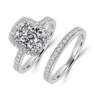 Diamonbella Supreme 101 Facets 2 Carat Rectangular Cushion Cut NSCD Simulated Diamond Ring Band Set Solid 925 Silver Halo Design (6.5)