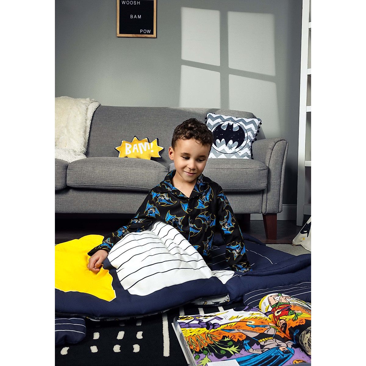 Batman Batmobile Kids Sleepover Bag Superhero Slumber Mat with Built-in Pillow, Cozy & Soft