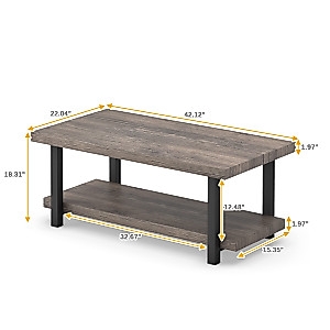 charaHOME Coffee Table Rustic Vintage Industrial Design Sturdy Metal Frame Legs Sofa Table Cocktail Table with Storage Bottom Open Shelf for Living Room, Easy Assembly, 42"x 22", Gray Brown