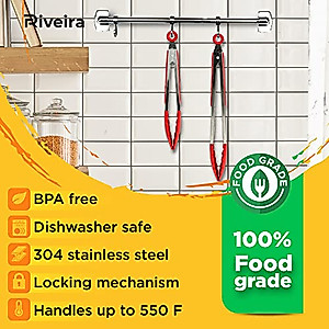 Riveira Red Tongs for Cooking with Silicone Tips | 9 and 12-Inch Pieces | Non-Stick Kitchen Grill Tongs | BBQ Tongs for Grill | 550°F High Heat-Resistant Premium Silicone Tips | 304 Stainless Steel
