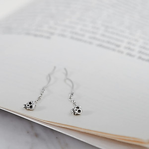 AeraVida Tiny Skull Chain Threader Spiral Halloween Sterling Silver Earrings, 0.11x0.15 inch