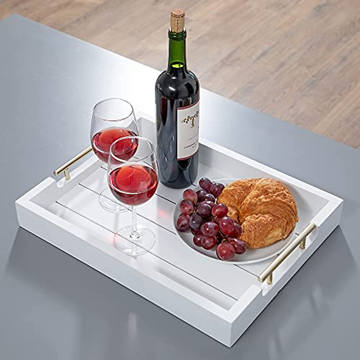 White Serving Tray with Gold Handles by Cozy Décor - Premium Decorative Trays - Coffee Table Trays for Living Room - Large Ottoman Tray -Tv Trays for Breakfast in Bed -17-Inch Wooden Tray for Ottoman