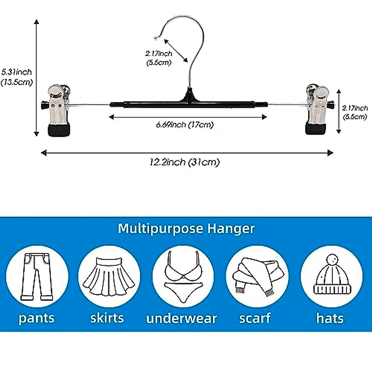 Pants Hangers with Clips 30 Pack, Clothes Hangers with Adjustable Clips, Space Saving Skirt Hangers for Women Metal Pants Hangers for Jeans Kids Clothes and More,12Inch (20)