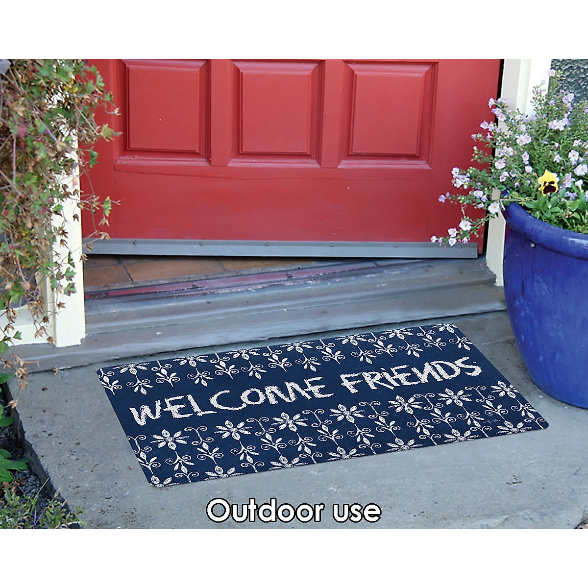 Toland Home Garden 800335 Chalk Flowers Welcome- Blue Welcome Door Mat 18x30 Inch Flower Outdoor Doormat for Entryway Indoor Entrance